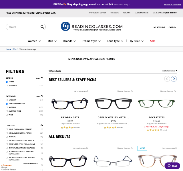 Men's Narrow & Average Size Frames | ReadingGlasses.com