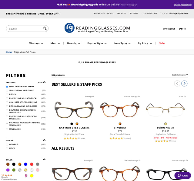 Single Vision Full Frame Glasses - ReadingGlasses.com