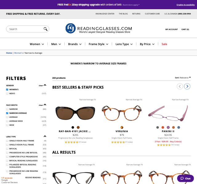 Women's Narrow to Average Size Frames | ReadingGlasses.com